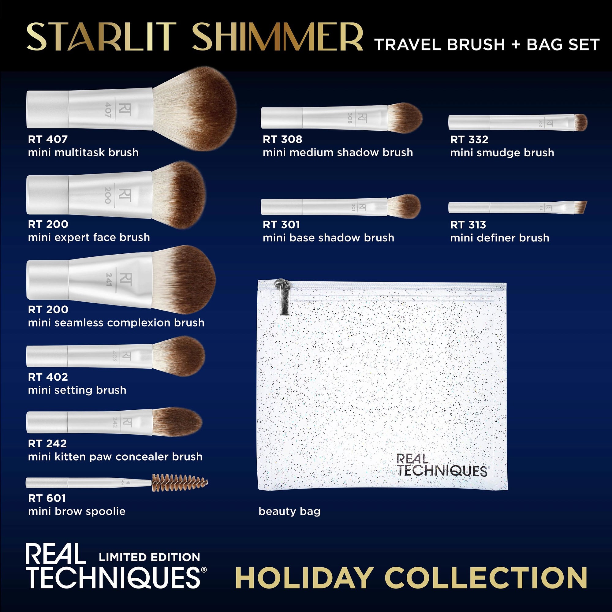 Real Techniques Starlit Shimmer Travel Brush + Bag Kit, 11 Piece ...