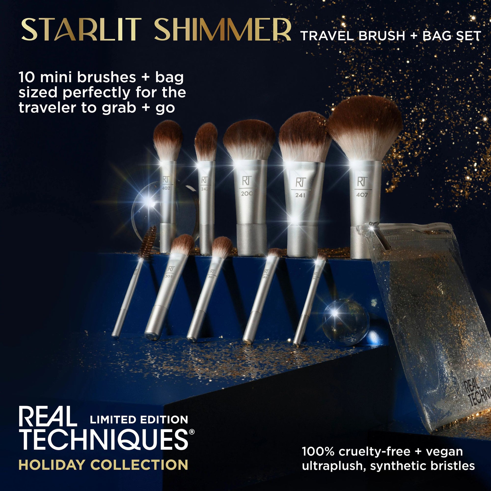 Real Techniques Starlit Shimmer Travel Brush + Bag Kit, 11 Piece ...