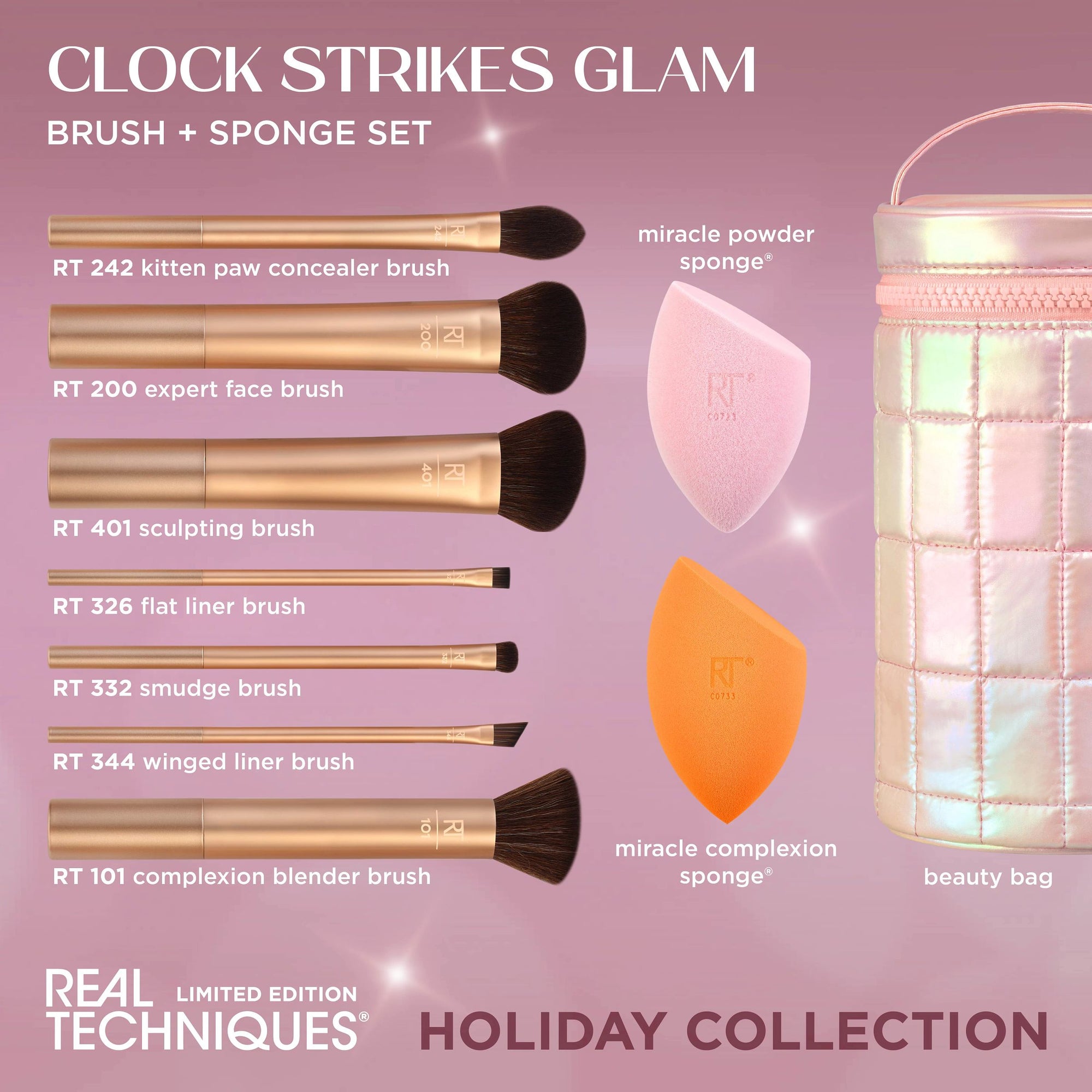 Real Techniques Clock Strikes Glam Brush + Sponge Kit, 11 Piece Limited ...